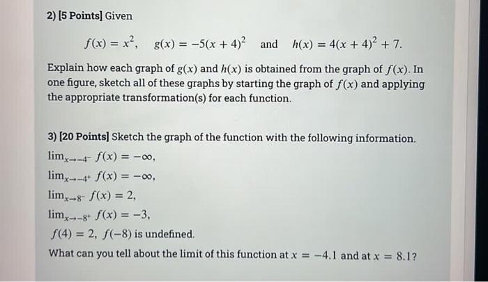 Solved 2) [5 Points] Given f(x)=x2,g(x)=−5(x+4)2 and | Chegg.com
