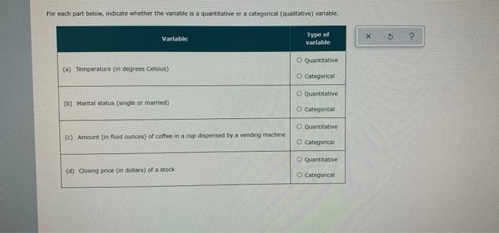 Solved For each part below, indicate whether the variable is | Chegg.com