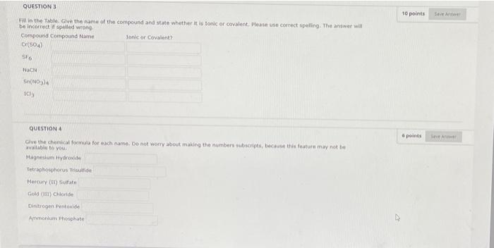 Solved QUESTIONS 10 points in the Table Give the name of the | Chegg.com