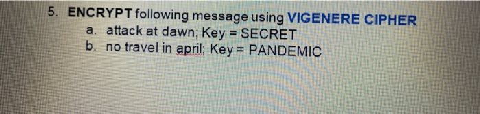 Solved 5. ENCRYPT following message using VIGENERE CIPHER a. | Chegg.com