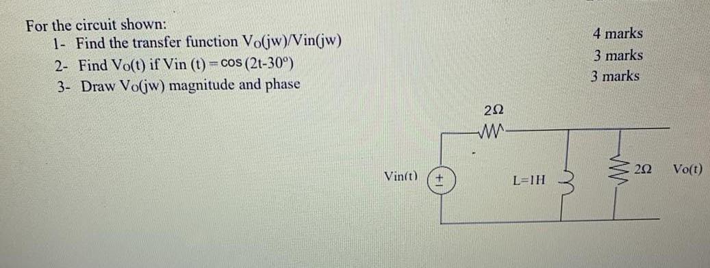 Solved For the circuit shown: 1- Find the transfer function | Chegg.com