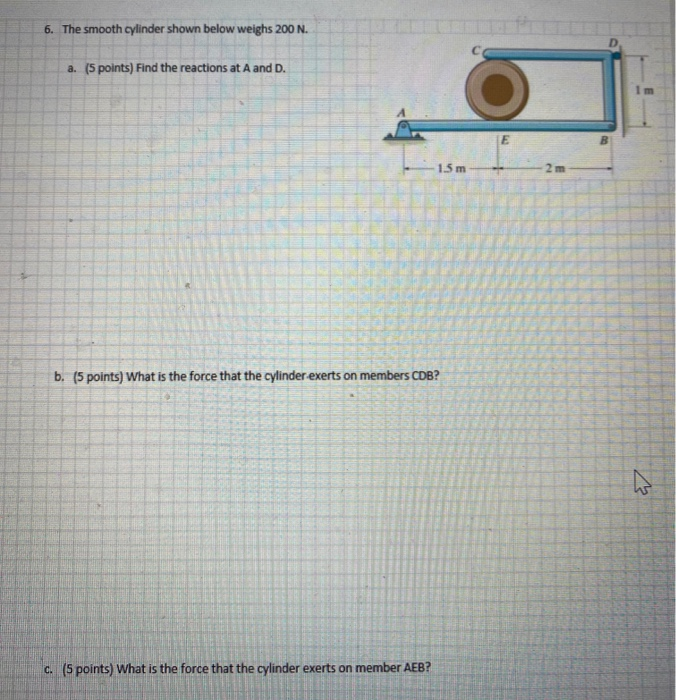 Solved 6. The smooth cylinder shown below weighs 200 N. a. | Chegg.com