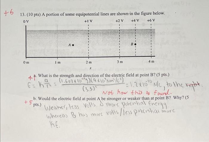 Solved 13. (10 pts) A portion of some equipotential lines | Chegg.com