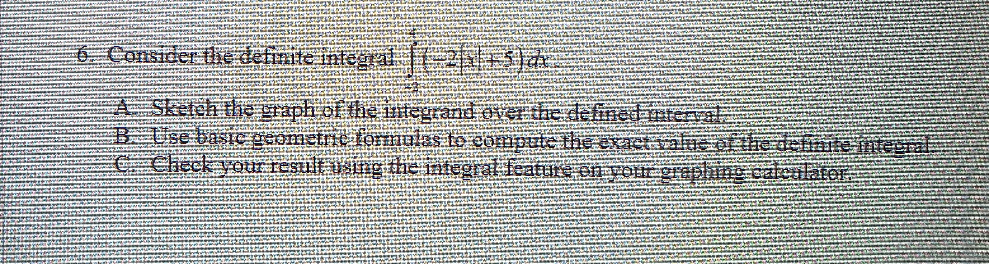 Solved Consider the definite integral ∫-24(-2|x|+5)dx.A. | Chegg.com