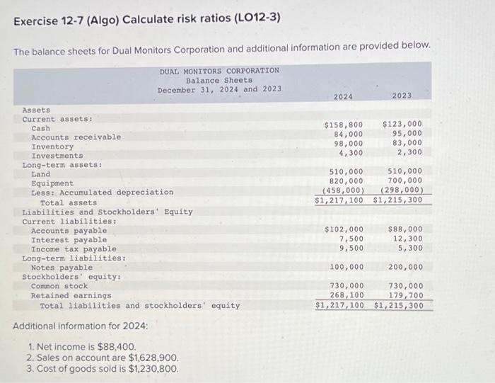 Solved Exercise 12-7 (Algo) Calculate risk ratios (LO12-3) | Chegg.com