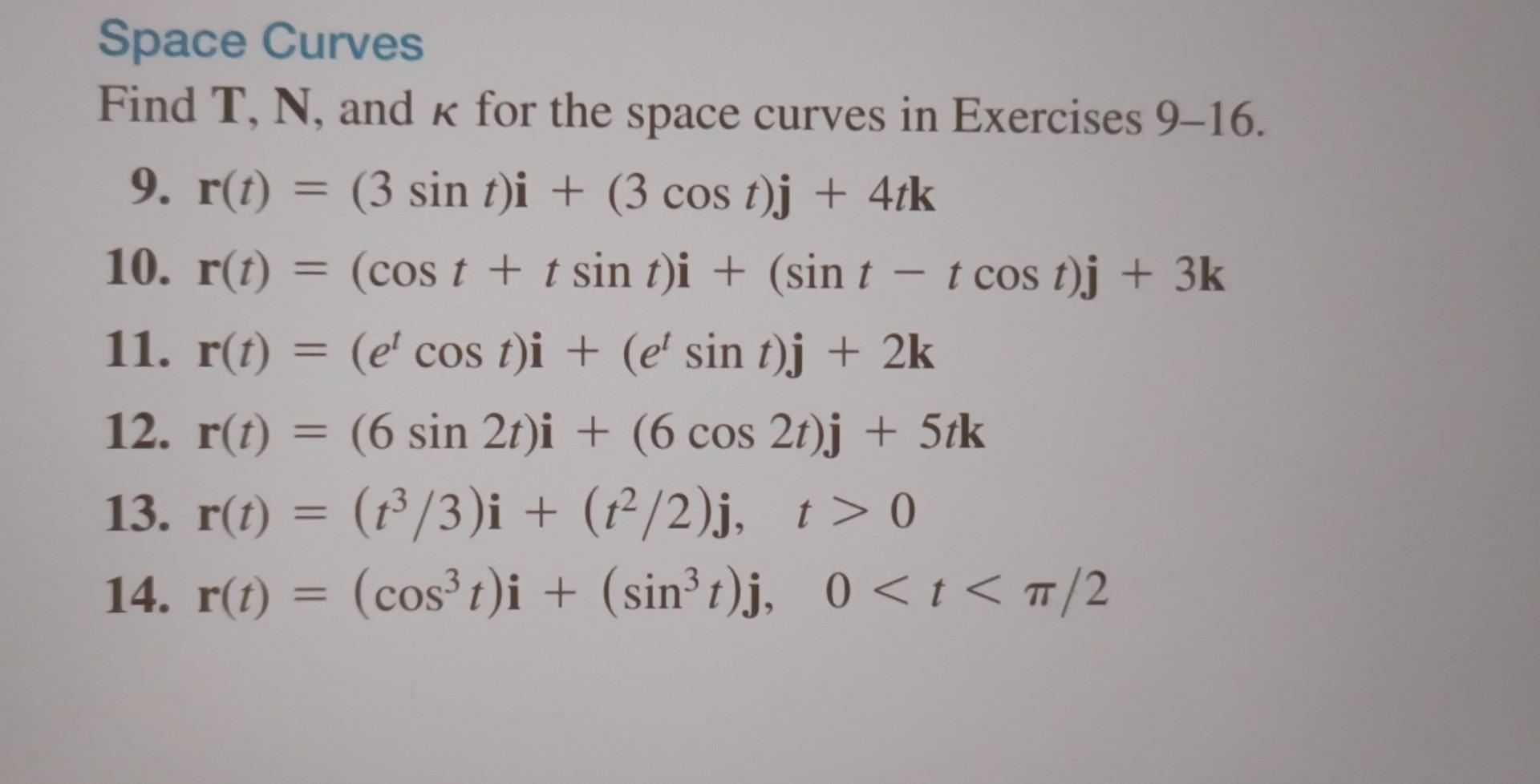 Solved Space Curves Find T,N, and κ for the space curves in | Chegg.com