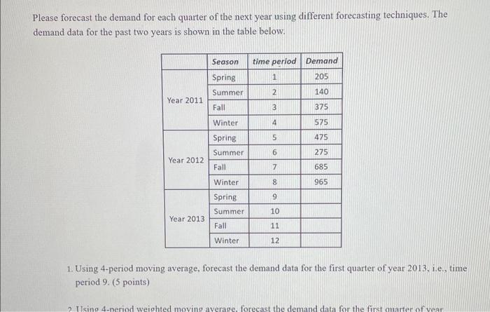 Solved Please forecast the demand for each quarter of the | Chegg.com