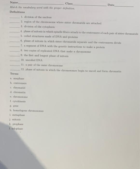 Solved Name Class Date Match the vocabulary word with the | Chegg.com