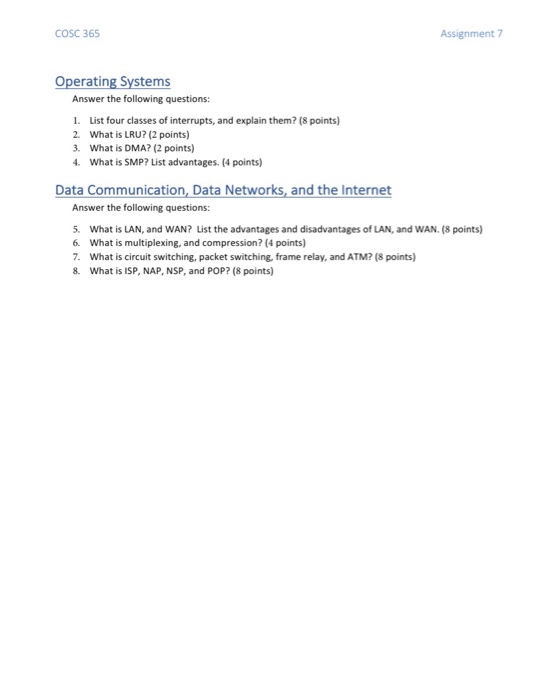 Solved COSC 365 Assignment 7 Operating Systems Answer the | Chegg.com