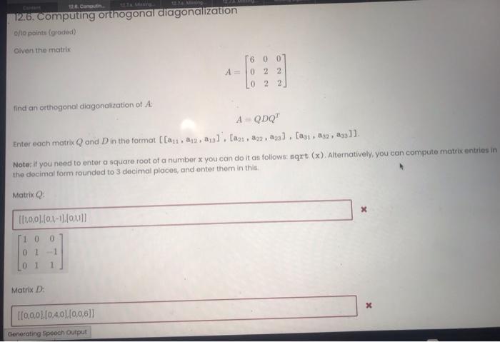 Solved 126.com 26. Computing orthogonal diagonalization 0/10 | Chegg.com