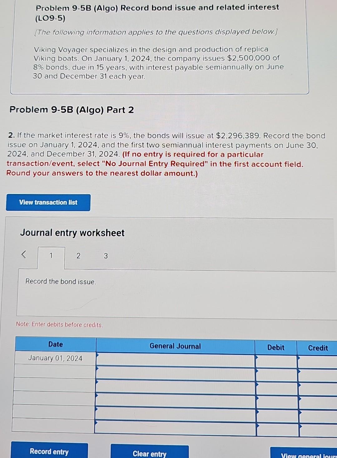 Solved Problem 9-5B (Algo) Record bond issue and related | Chegg.com
