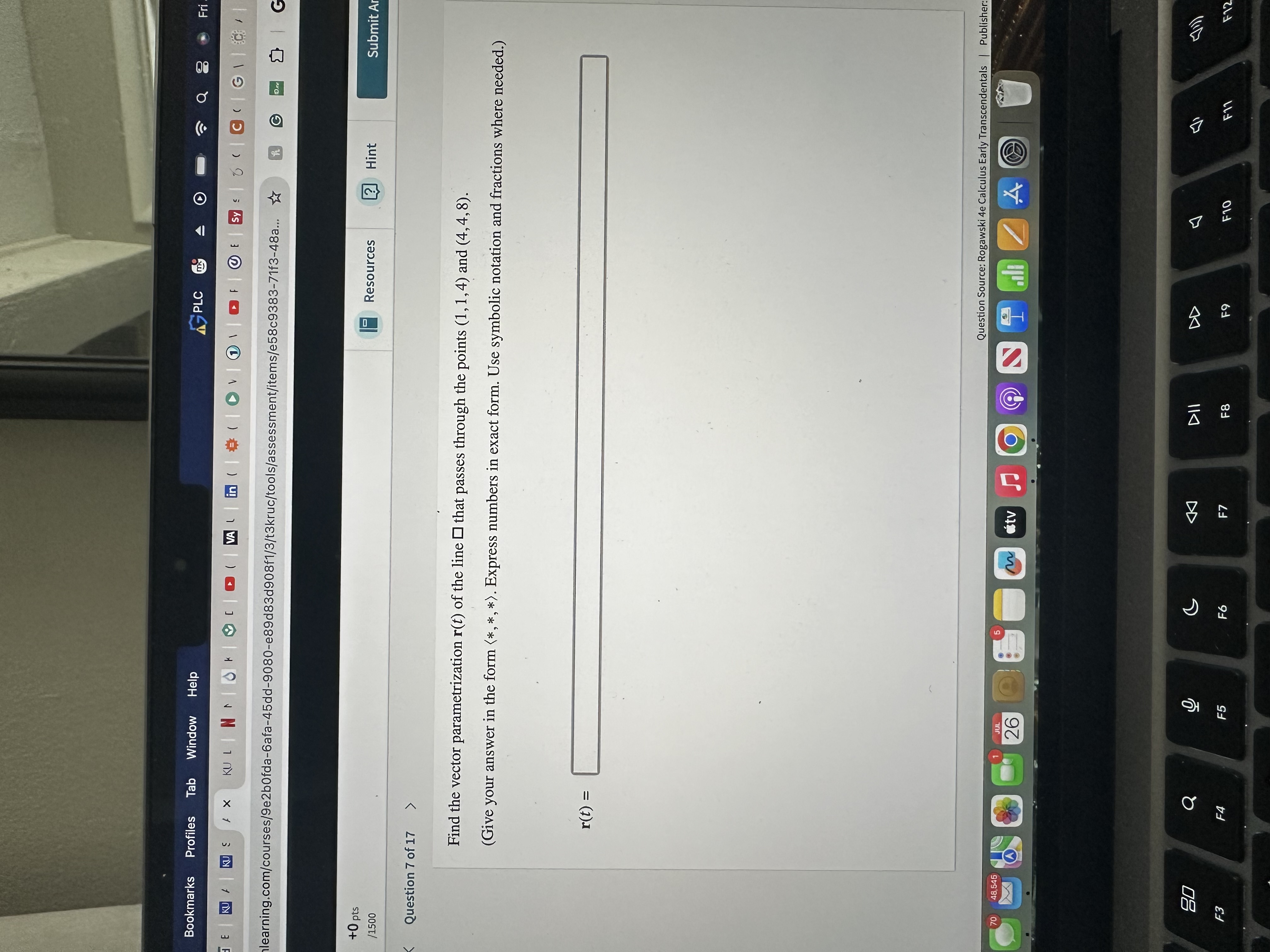 Solved Find the vector parametrization r(t) ﻿of the line | Chegg.com