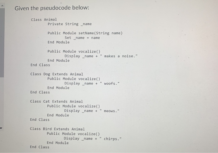 Solved Given the pseudocode below: Class Animal Private | Chegg.com