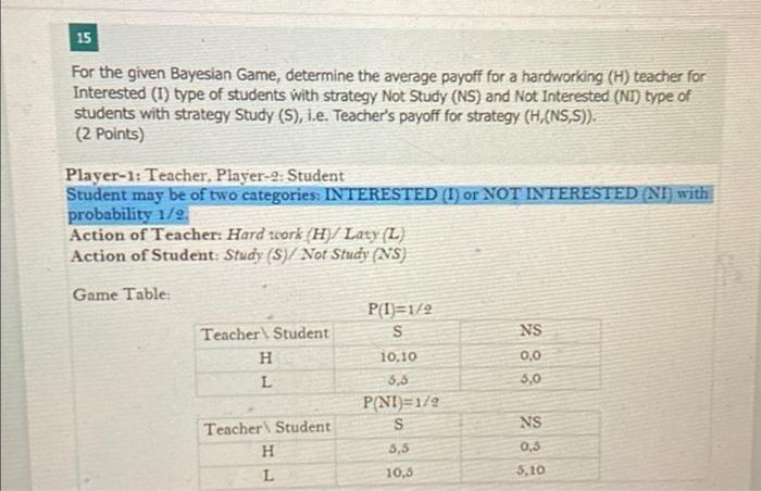 Solved 15 For the given Bayesian Game, determine the average | Chegg.com