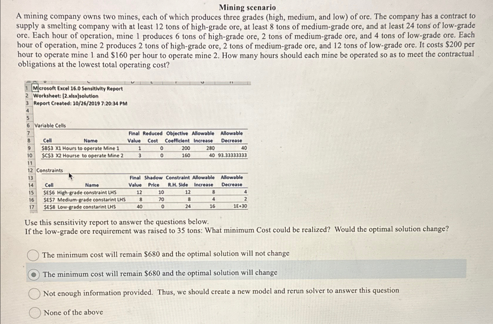 Solved Mining scenarioA mining company owns two mines, each | Chegg.com