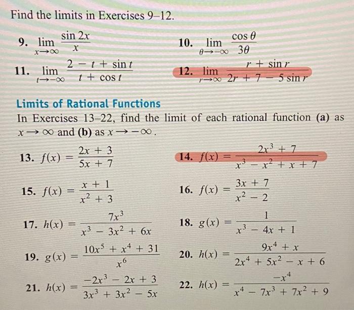 Solved Find the limits in Exercises 9-12. 9. limx→∞xsin2x | Chegg.com