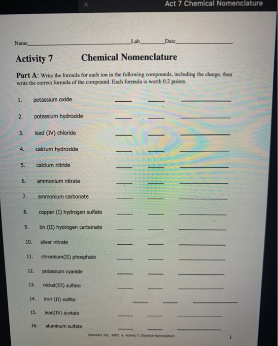 Solved Act 7 Chemical Nomenclature Name Lab Date Activity 7 | Chegg.com