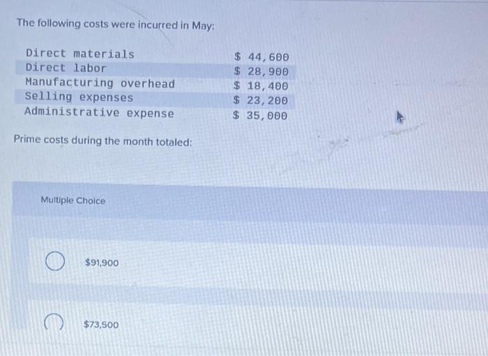 Solved The following costs were incurred in May: Prime costs | Chegg.com