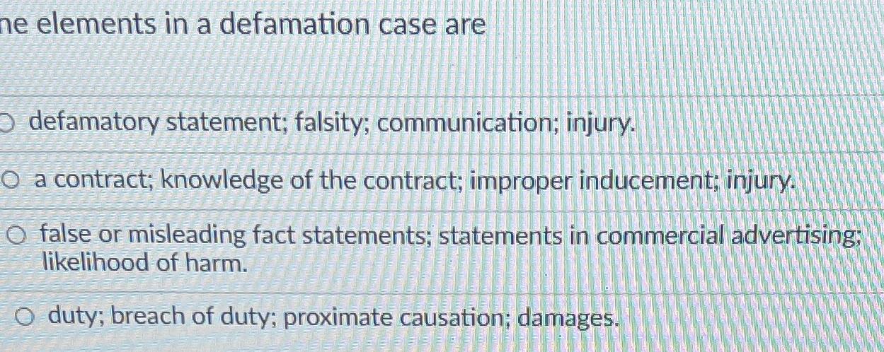 Solved ne elements in a defamation case aredefamatory | Chegg.com