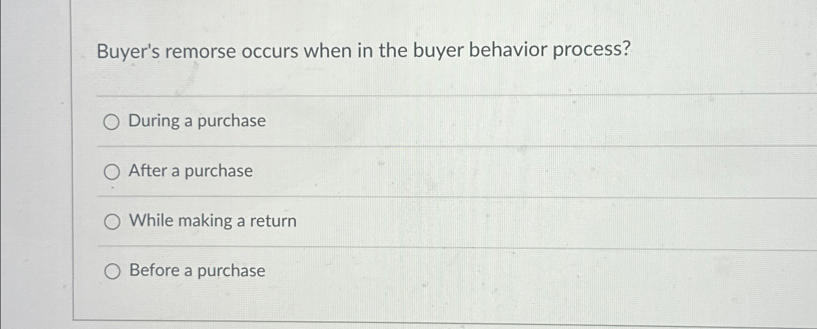 Solved Buyer's remorse occurs when in the buyer behavior | Chegg.com