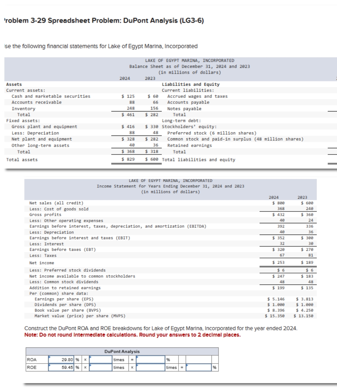 'roblem 3-29 ﻿Spreadsheet Problem: DuPont Analysis | Chegg.com