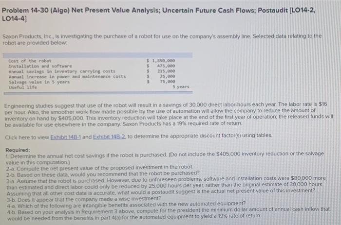 Solved Problem 14-30 (Algo) Net Present Value Analysis: | Chegg.com