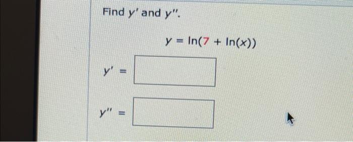 Solved Find y′ and y′′. y=ln(7+ln(x)) y′= y′′= | Chegg.com
