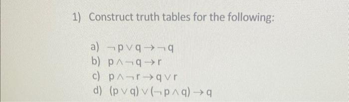 Solved 1) Construct truth tables for the following: a) | Chegg.com