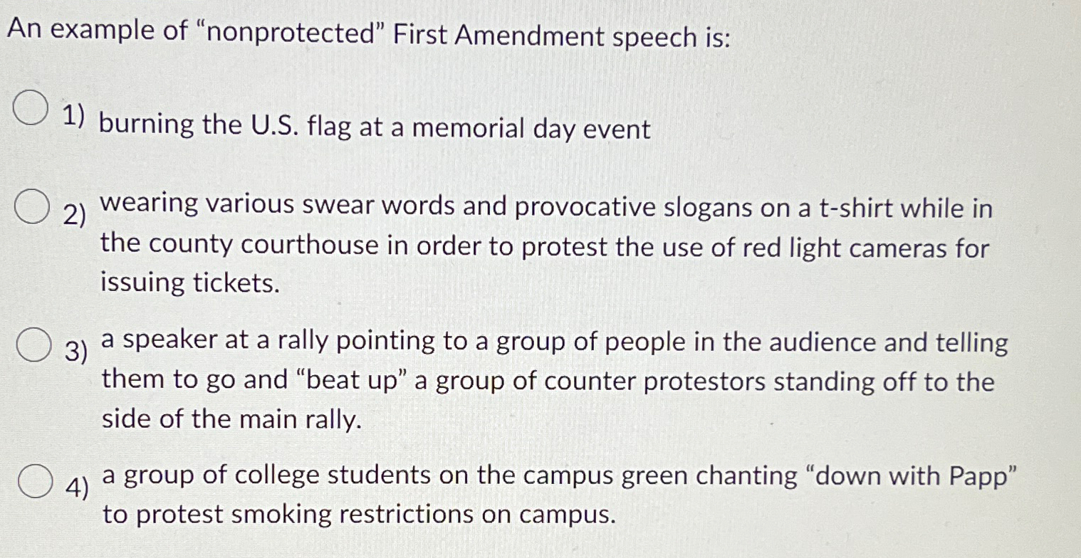 Solved An example of "nonprotected" First Amendment speech | Chegg.com