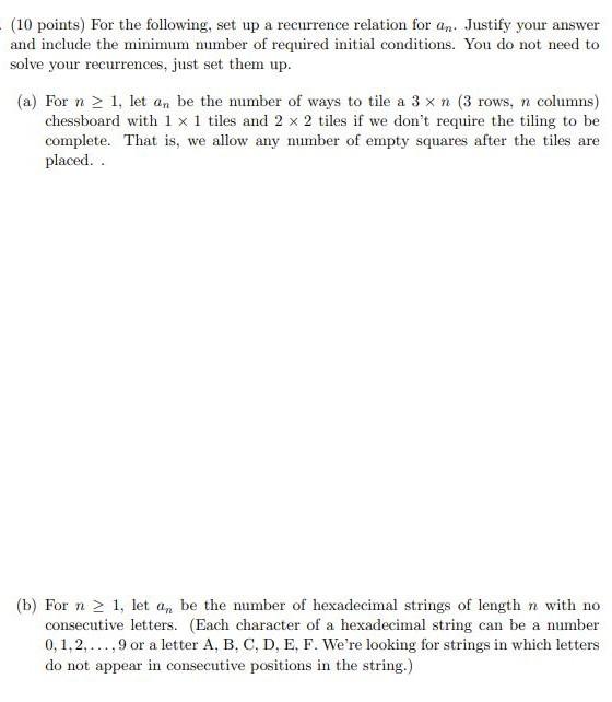 Solved (10 points) For the following, set up a recurrence | Chegg.com