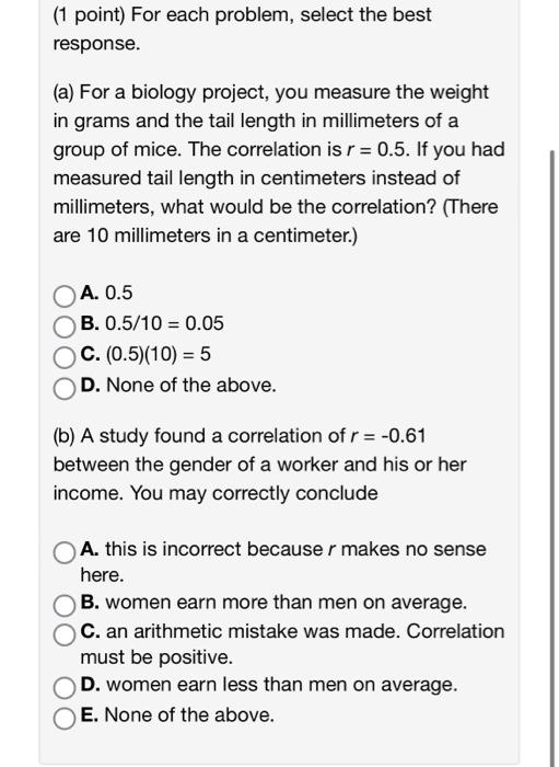 Solved (1 point) For each problem, select the best response. | Chegg.com