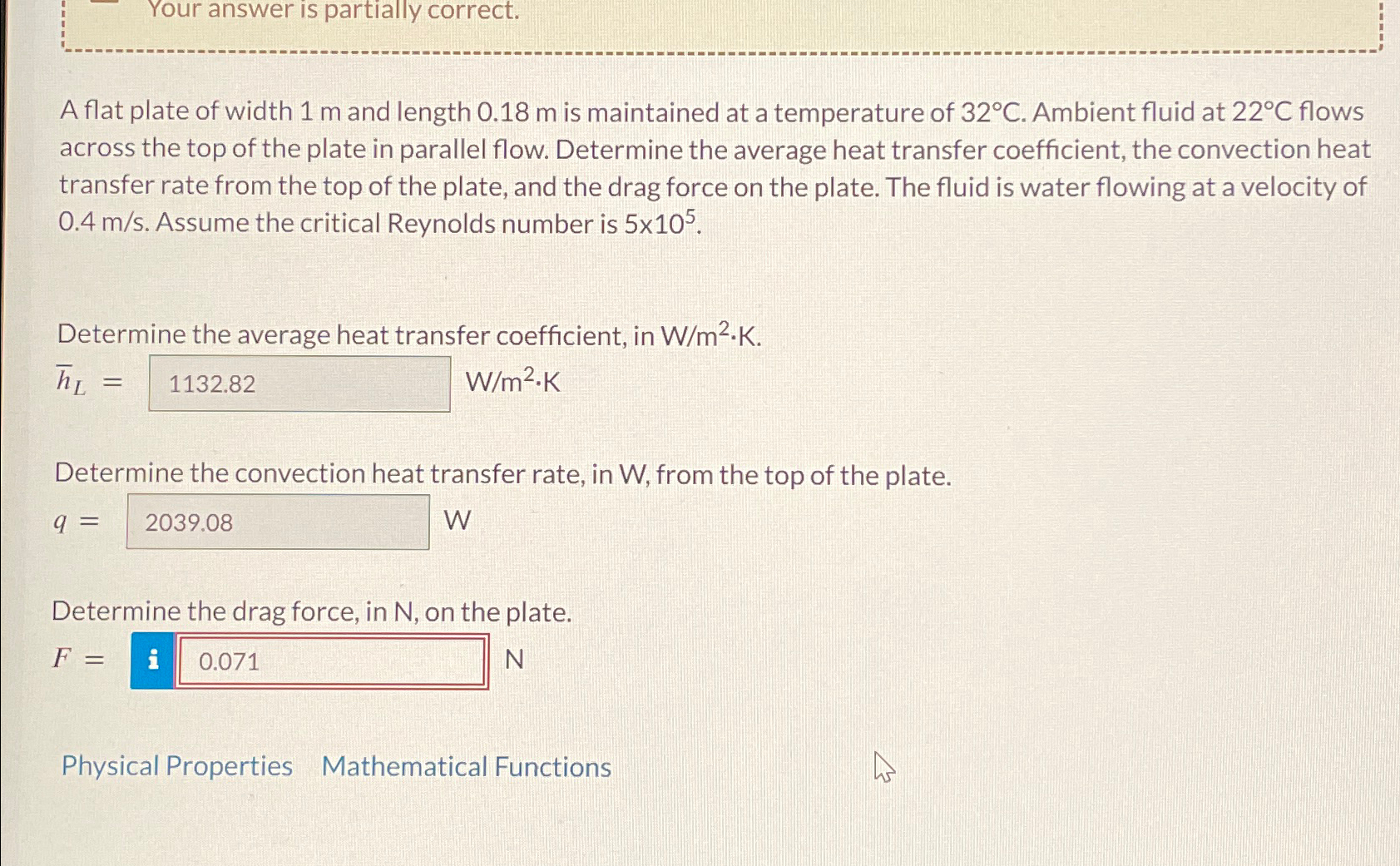 Solved Your answer is partially correct.A flat plate of | Chegg.com