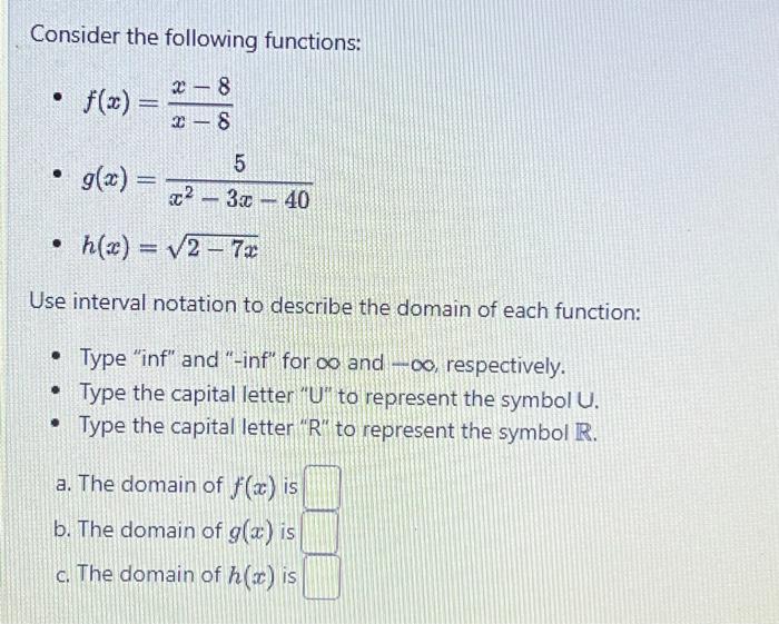 Solved Consider the following functions: - 8 f(x) = 2=8 D 5 | Chegg.com