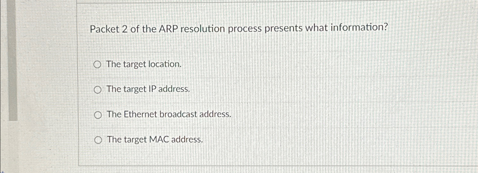 Solved Packet 2 ﻿of the ARP resolution process presents what | Chegg.com