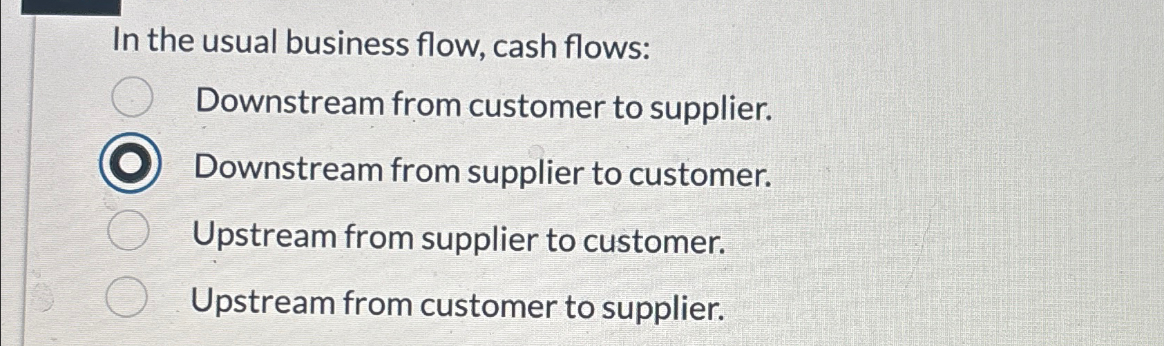 Solved In the usual business flow, cash flows:Downstream | Chegg.com