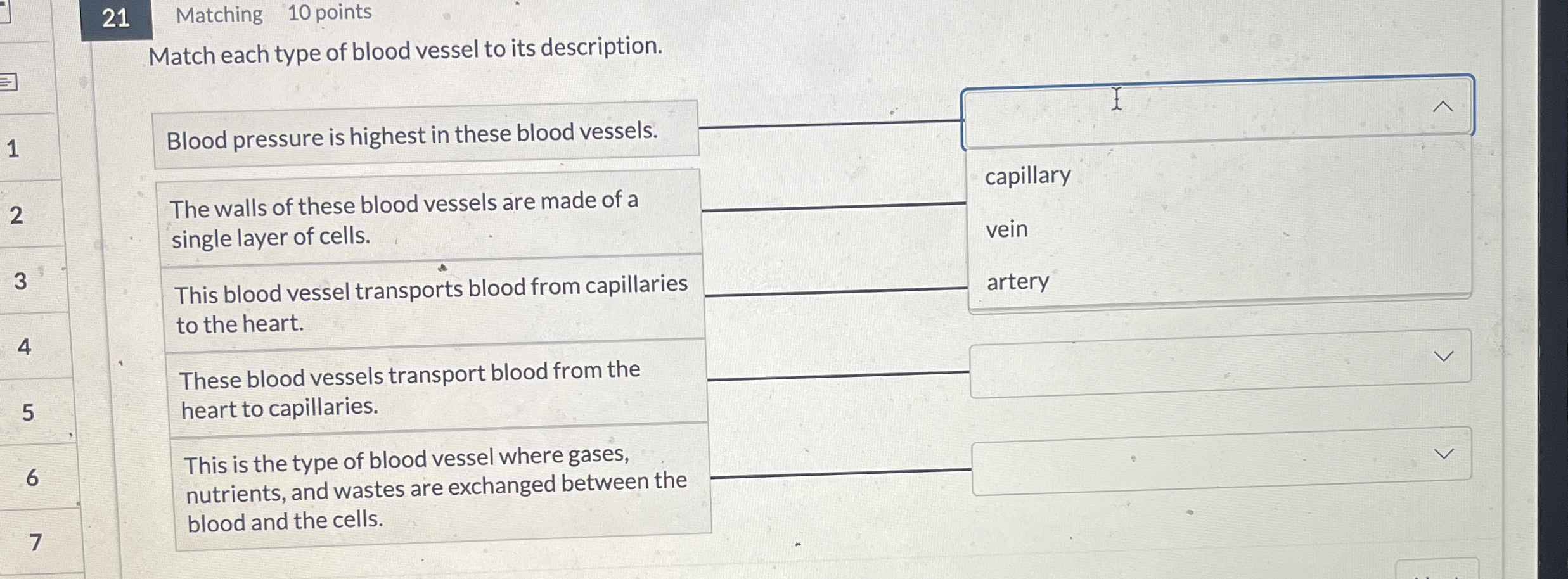 Solved 21Matching10 ﻿pointsMatch each type of blood vessel | Chegg.com