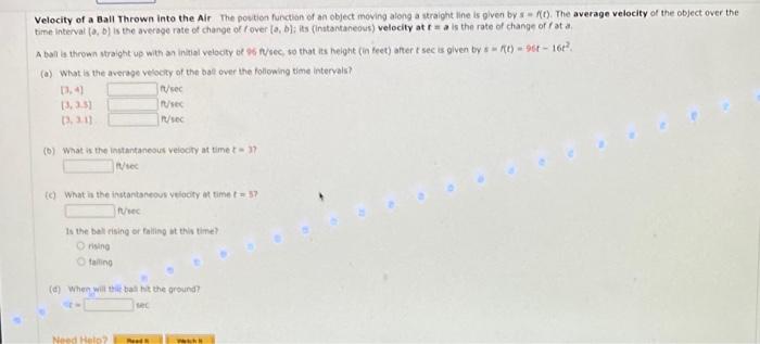 Solved Velocity of a Ball Thrown into the Air the powtion | Chegg.com