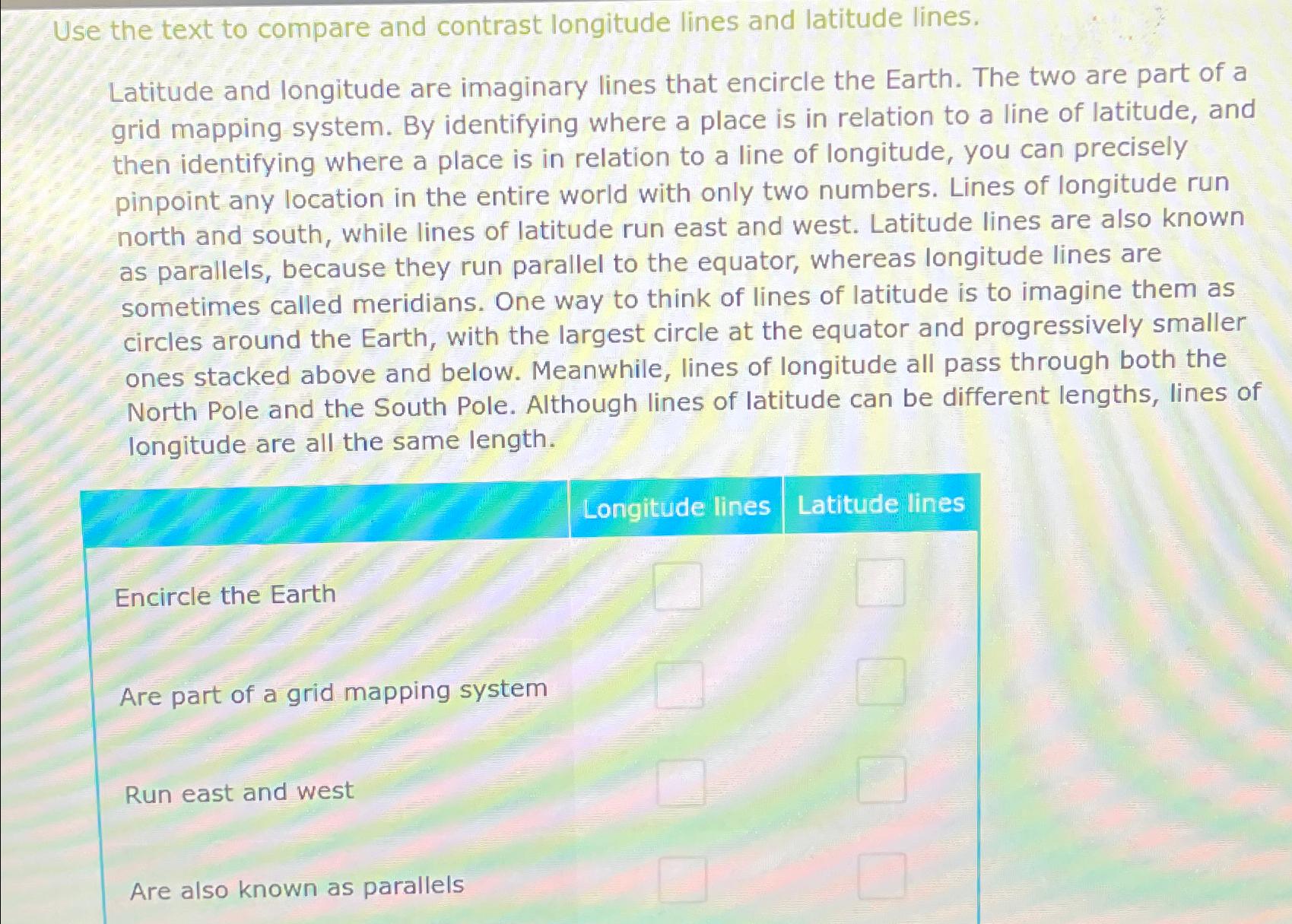 Solved Use the text to compare and contrast longitude lines | Chegg.com