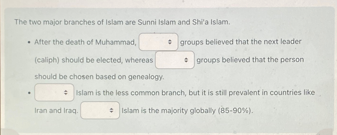 Solved The two major branches of Islam are Sunni Islam and | Chegg.com