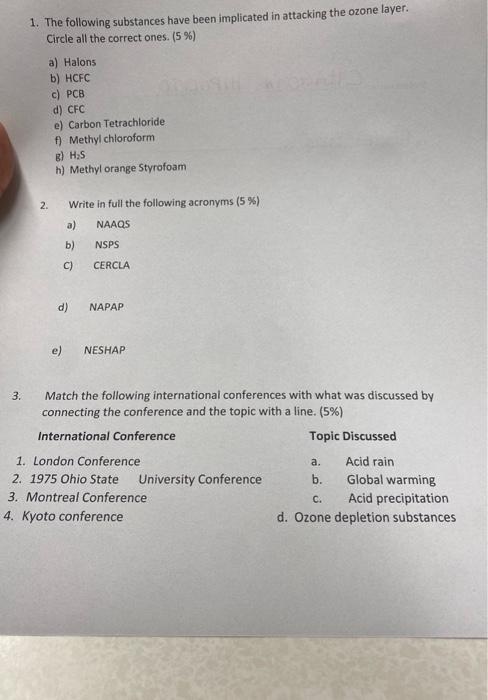 Solved 1. The following substances have been implicated in | Chegg.com