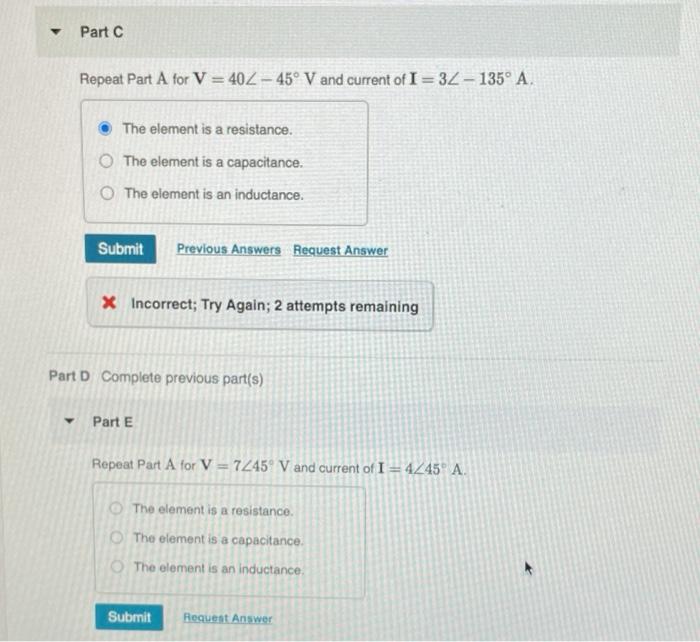 Solved Part A A certain element has a phasor voltage of V | Chegg.com