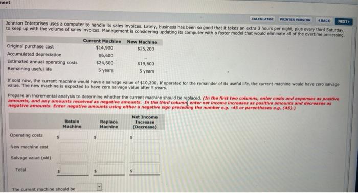 Solved ment CALCULATOR PRINTER VERSION 4 BACK NEXT Johnson | Chegg.com