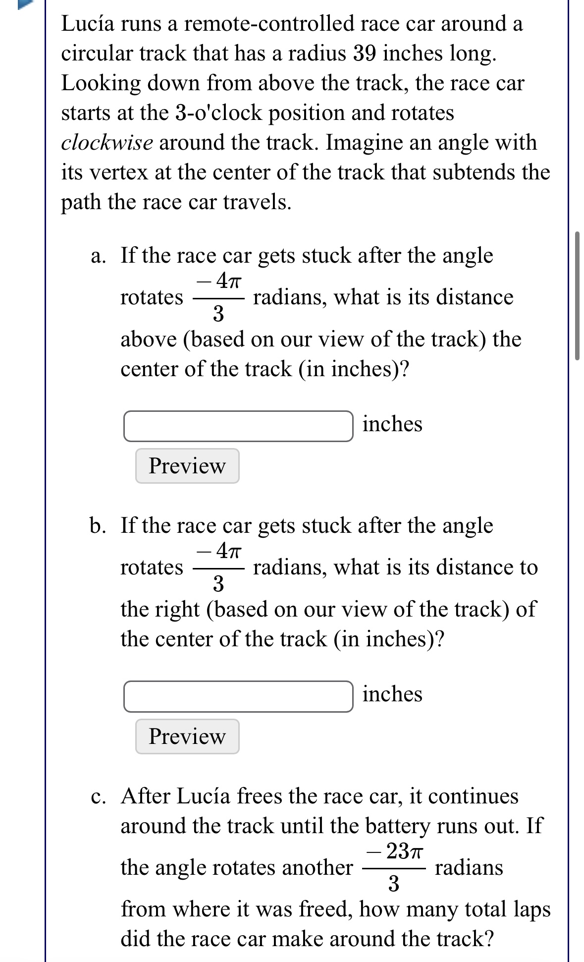 Solved Lucía runs a remote-controlled race car around a | Chegg.com