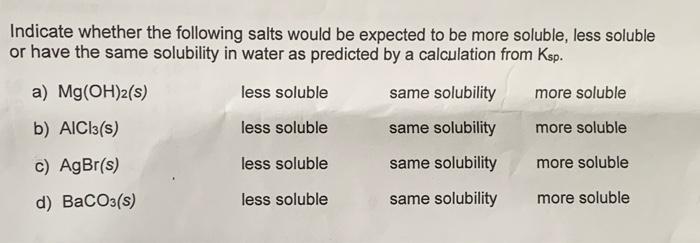 Solved Indicate whether the following salts would be | Chegg.com