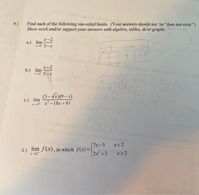 Solved 9.) Find each of the following one-sided limits. | Chegg.com