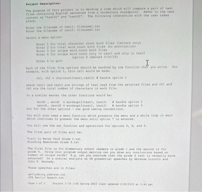 Solved Project Description: The purpose of this project is | Chegg.com