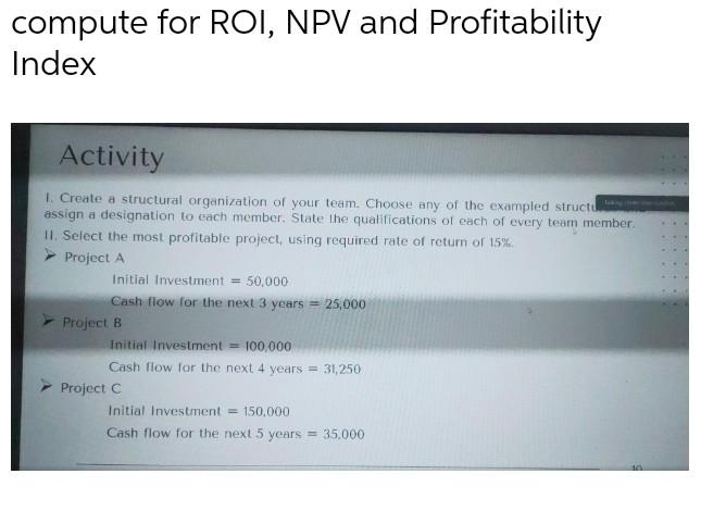 Solved compute for ROI, NPV and Profitability Index Activity | Chegg.com