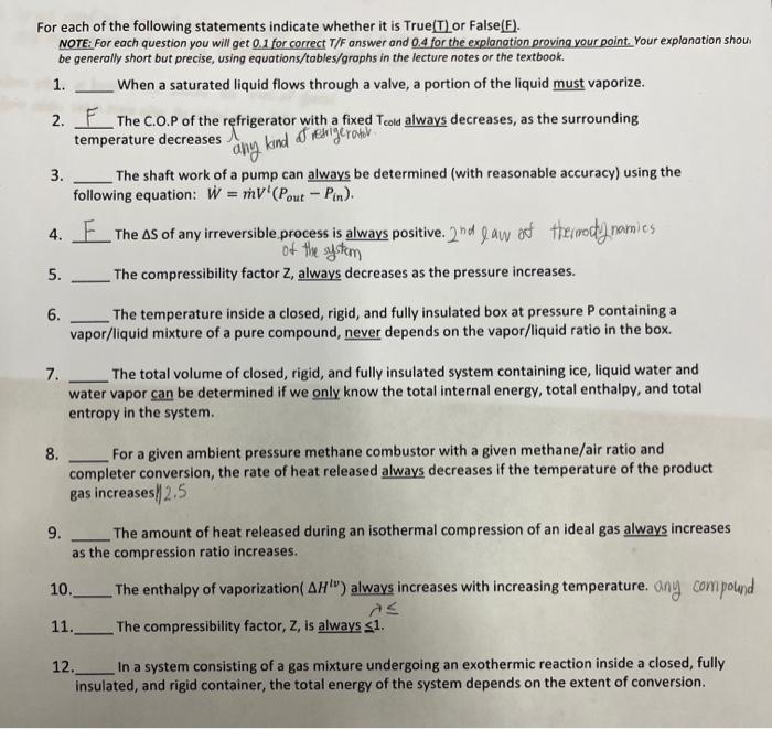 Solved For each of the following statements indicate whether | Chegg.com