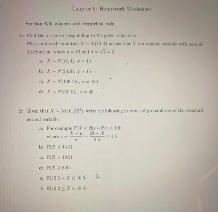 Solved Chapter 6: Homework Worksheet Section 6.0: Z-score | Chegg.com