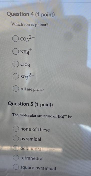 Solved Which ion is planar? CO32−NH4+ClO3−SO32− All are | Chegg.com